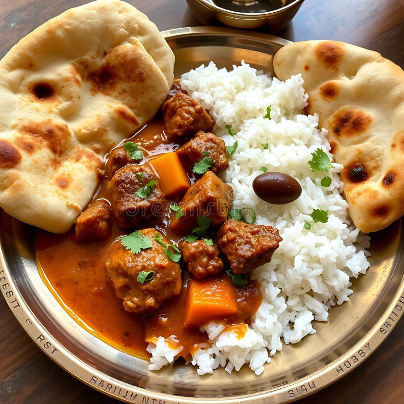 A Serving of Mutton Curry with Naan and Rice on a Traditional Indian ...