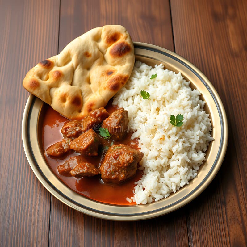 A Serving of Mutton Curry with Naan and Rice on a Traditional Indian ...