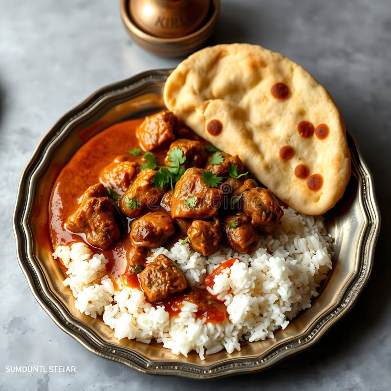 A Serving of Mutton Curry with Naan and Rice on a Traditional Indian ...