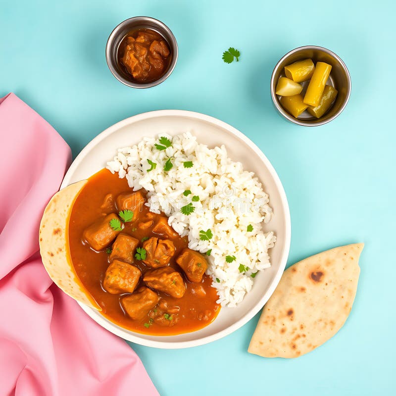 A Serving of Mutton Curry with Rice, Chapati, and a Side of Pickle on a ...