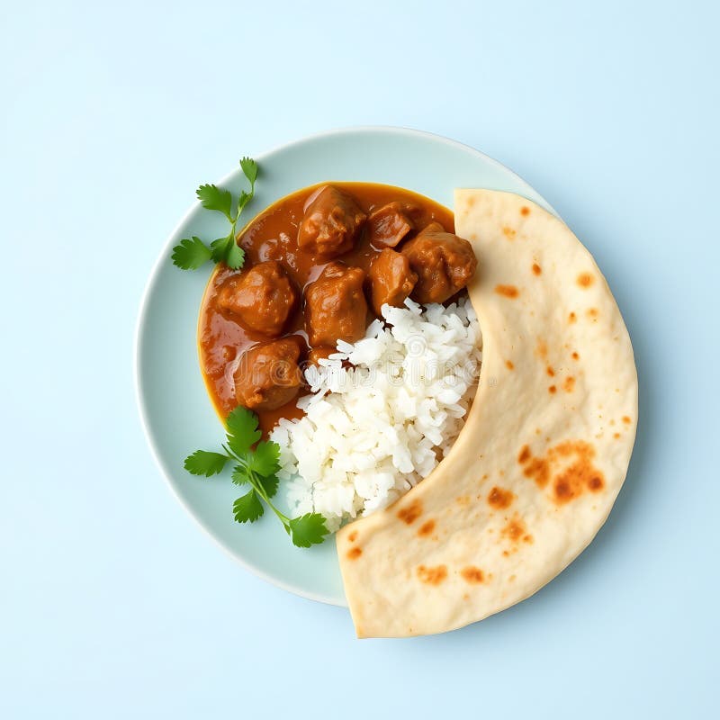 A Serving of Mutton Curry with Rice and Roti on a Pastel Blue ...