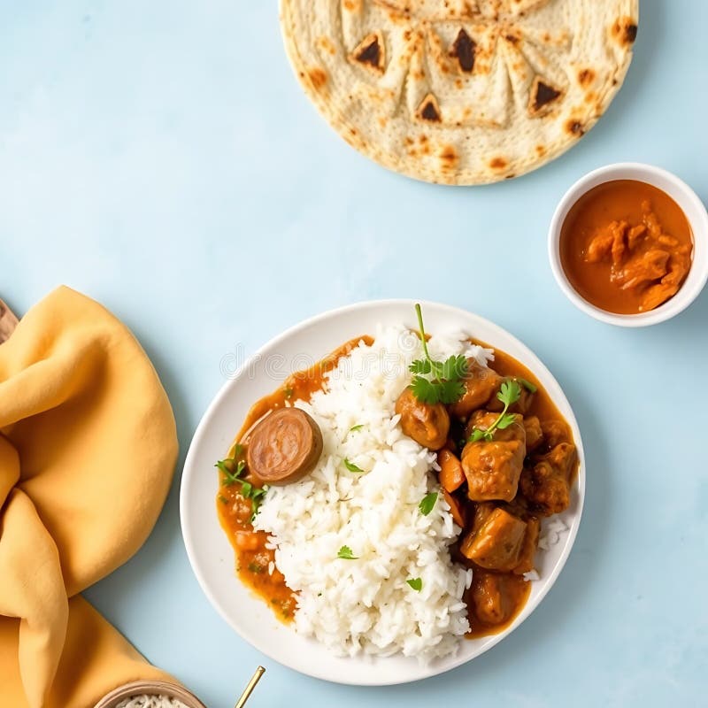 A Serving of Mutton Curry with Rice and Roti on a Pastel Blue ...