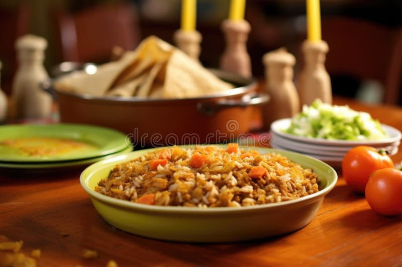 Serving a Plate of Refried Beans and Rice at a Dinner Table Stock Photo ...