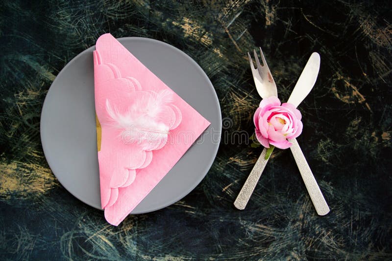 Serving plates and cutlery stock photo. Image of leaf - 259094350