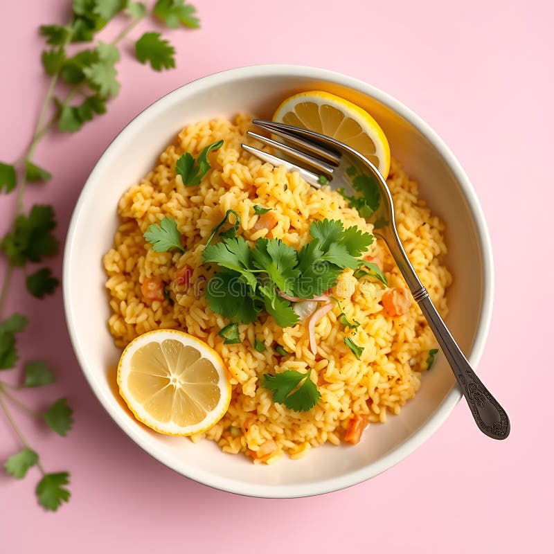 A Serving of Poha with Cilantro, Lemon, and Sev on a Pastel Pink ...