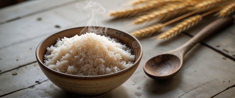Serving Rice in Ceramic Bowl with Wooden Spoon and Wheat Stalk. Stock ...