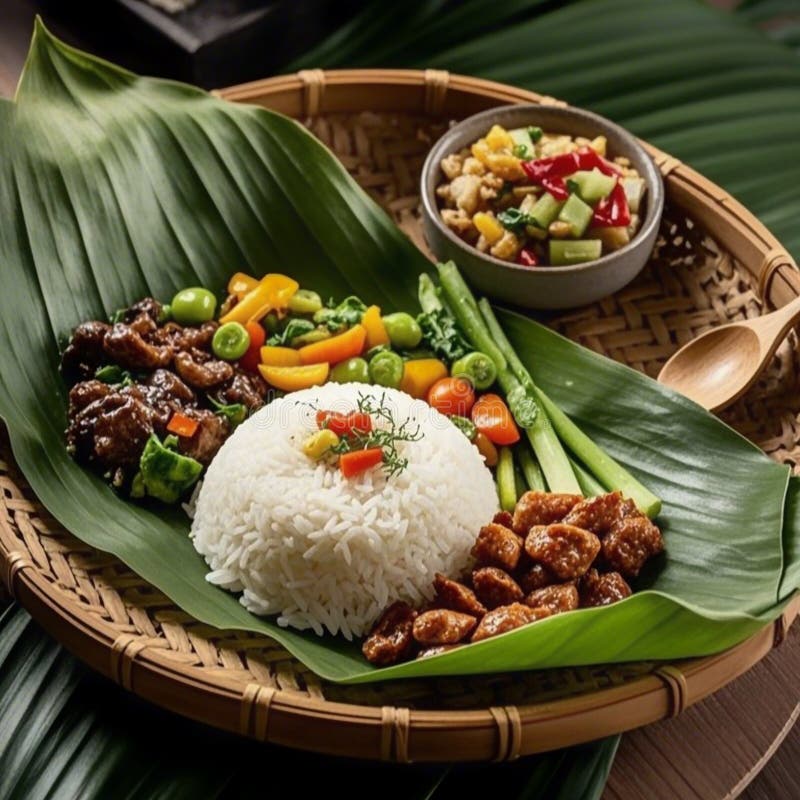 A Serving of Rice in a Leaf with Various Vegetables and Animal-based ...
