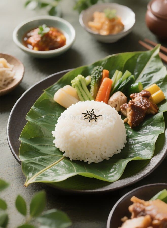A Serving of Rice in a Leaf with Various Vegetables and Animal-based ...