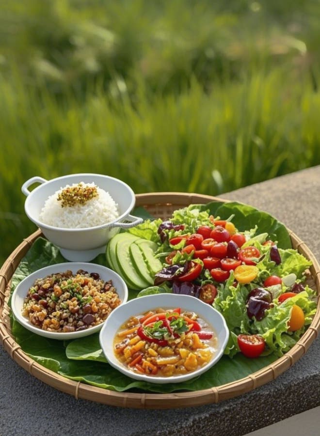A Serving of Rice in a Leaf with Various Vegetables and Animal-based ...