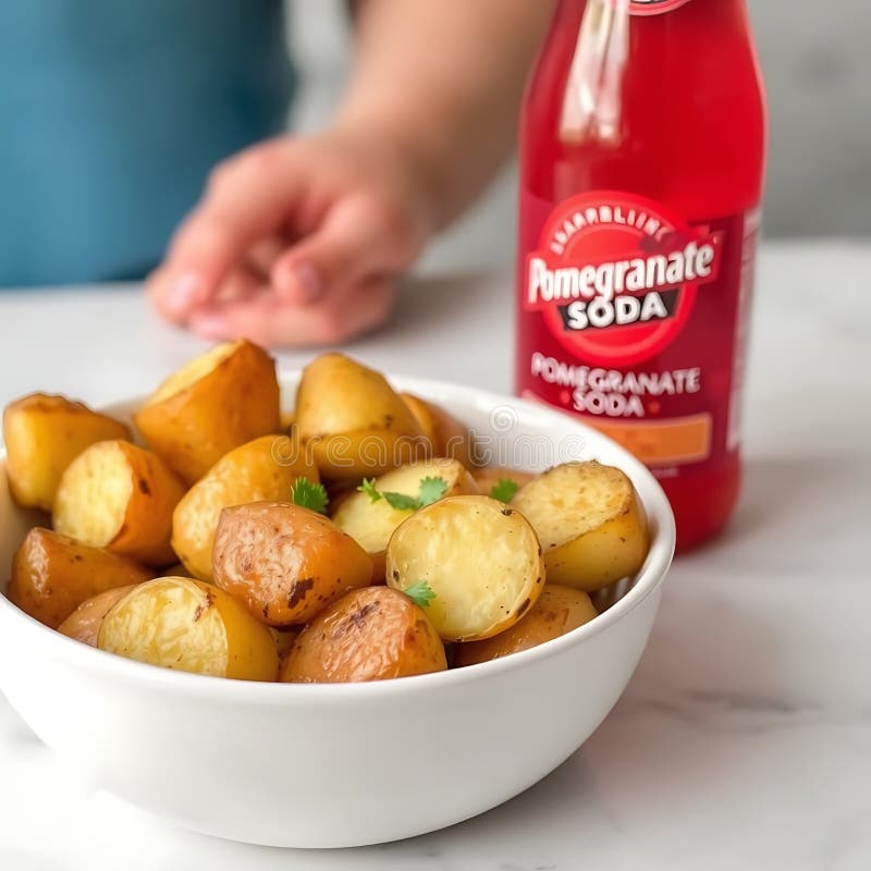 A Serving of Roasted Potatoes with a Bottle of Sparkling Pomegranate ...