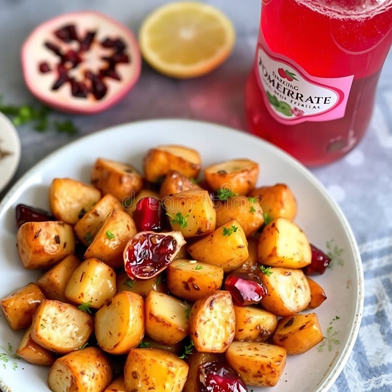 A Serving of Roasted Potatoes with a Bottle of Sparkling Pomegranate ...