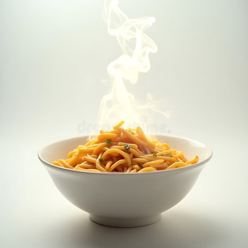 Serving of Steaming Pasta in White Bowl on Bright Background Stock ...
