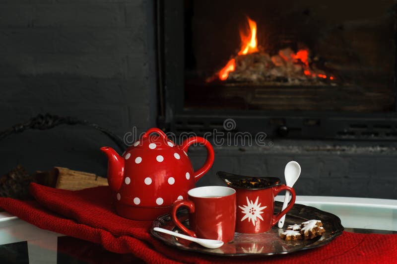 Serving Tea in Front of Fireplace Stock Image - Image of front, english ...