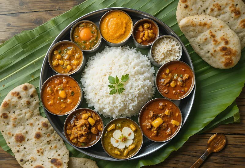 Serving Traditional Indian Meal with Rice and Flatbread Stock Image ...