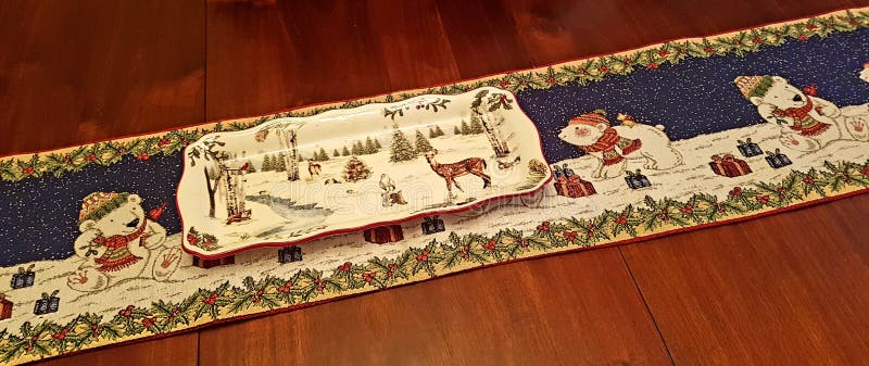 Serving Tray with Winter Scene on a Table Runner with Winter Scene on ...