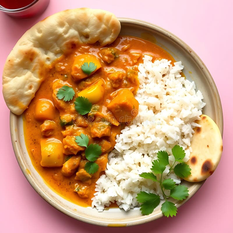 A Serving of Vegetable Curry with Rice and Naan on a Pastel Pink ...