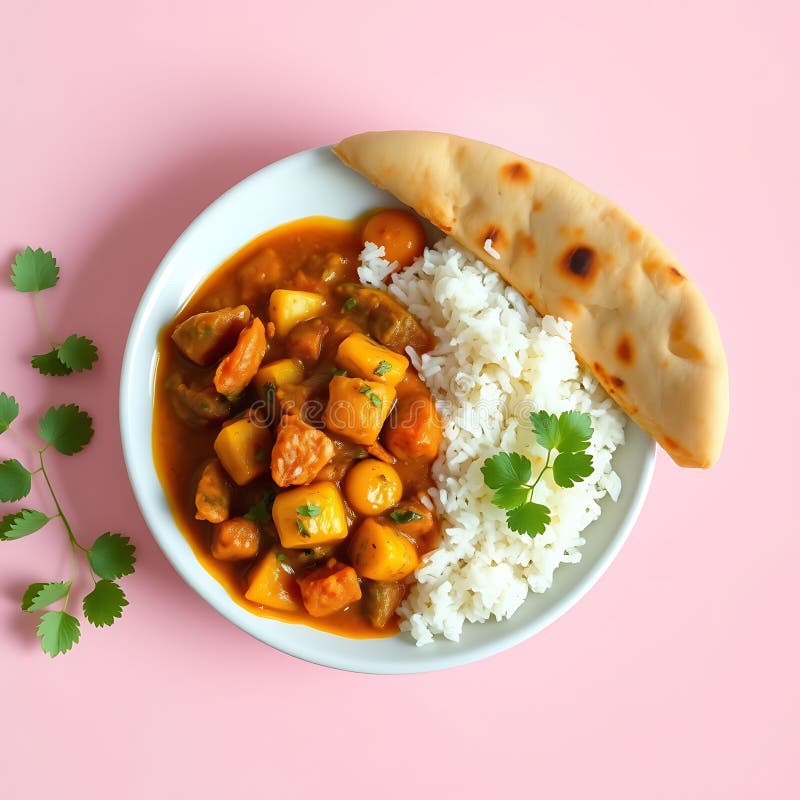 A Serving of Vegetable Curry with Rice and Naan on a Pastel Pink ...