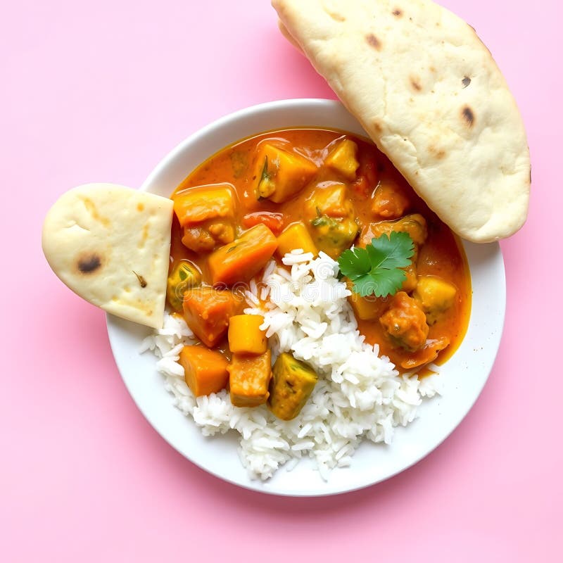 A Serving of Vegetable Curry with Rice and Naan on a Pastel Pink ...