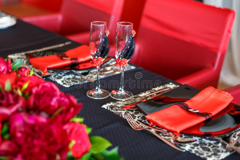 Serving of the Wedding Table, Beautiful Festive Decor in Red Stock ...
