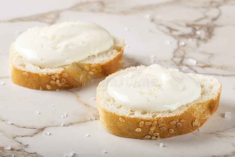 Sesame Bagel with Cream Cheese and Salt Stock Photo - Image of cottage ...