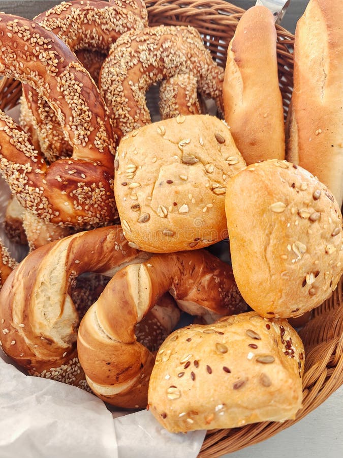 Sesame Buns, Bagels, and Other Breads on Cafe Stand Stock Photo - Image ...