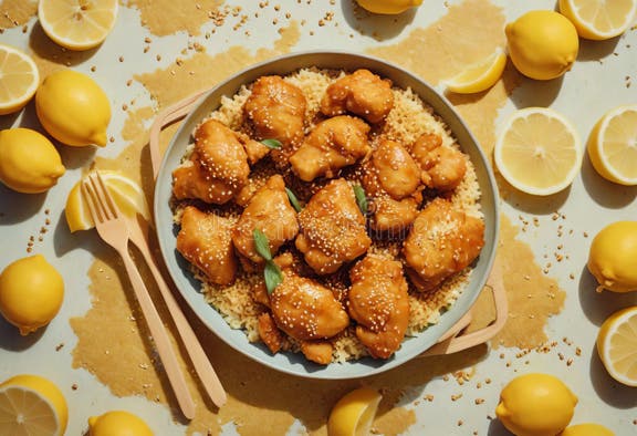Sesame Chicken with Lemon and Sesame Seeds Stock Illustration ...