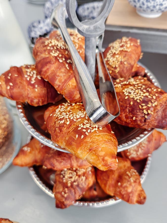 Sesame Different Croissants on a Cafe Stand Stock Image - Image of filo ...