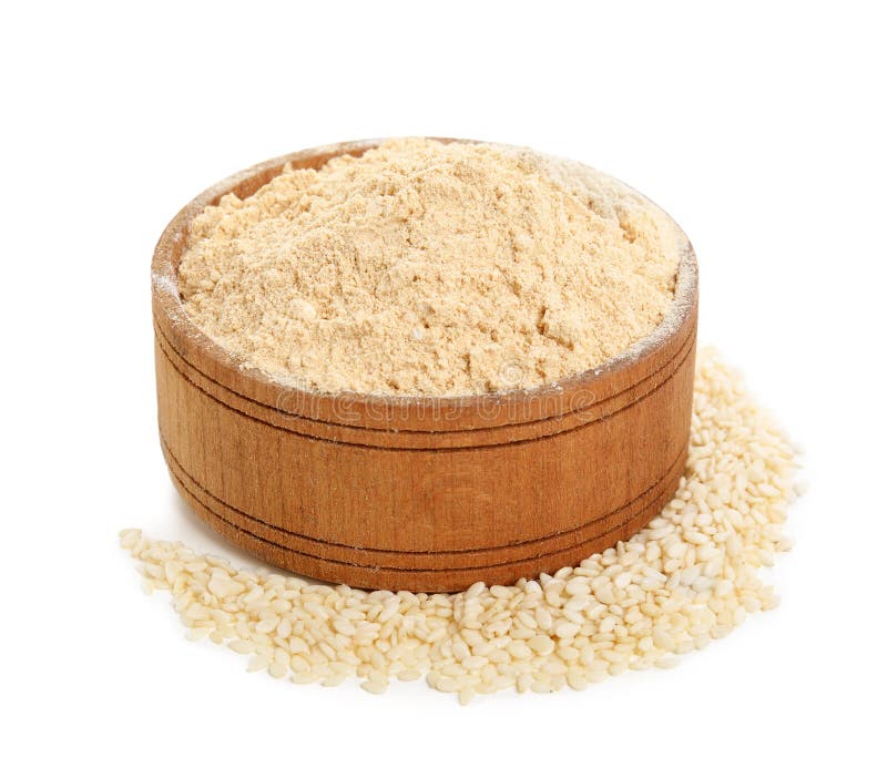 Sesame Flour in Wooden Bowl Isolated on White Stock Image - Image of ...