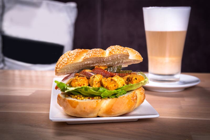 Sesame Seed Bagel with Chicken and Bacon Stock Photo - Image of food ...