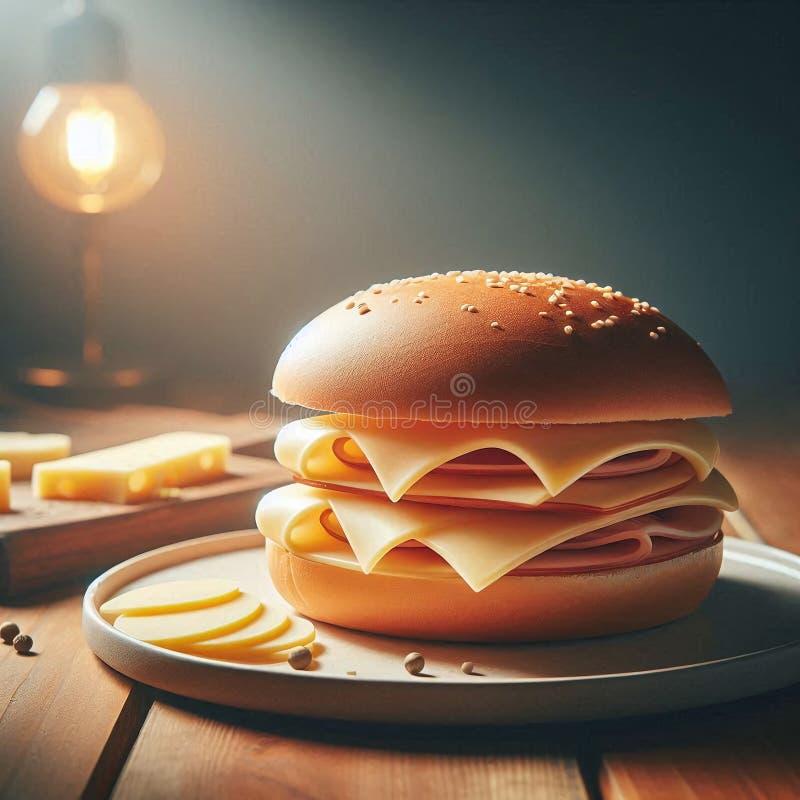 A Sesame Seed Bun Sandwich with Ham and Cheese on a Plate Stock ...