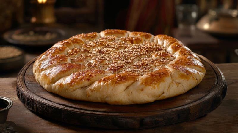 Sesame Seed Topped Round Bread on Wooden Board Stock Illustration ...