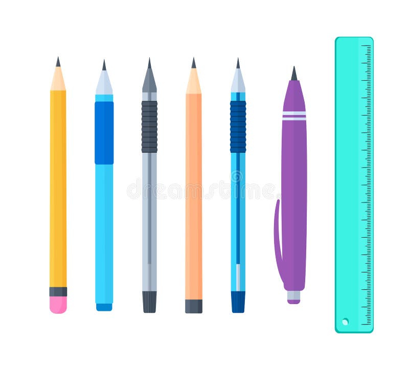 Vector Set of Colored Office Supplies. Pens, Pencils, Rulers in Flat ...