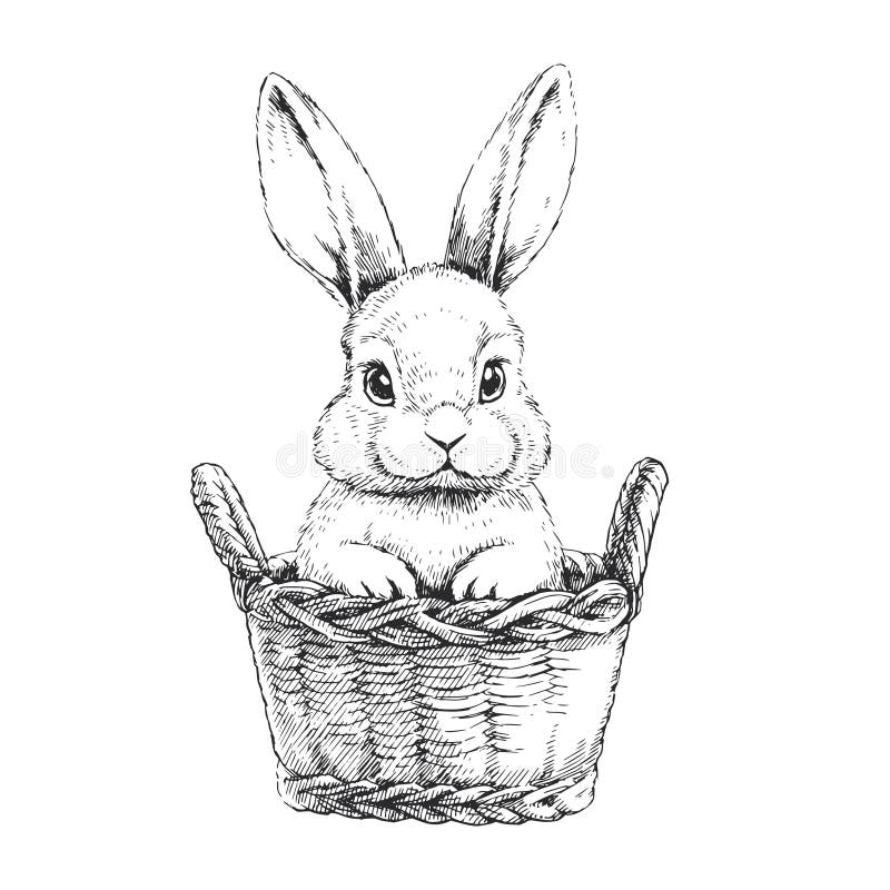 Vector Hand-drawn Illustration of Bunny in Basket. Easter Character ...