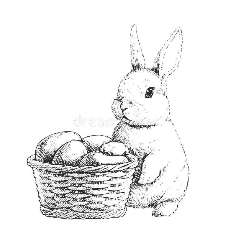 Vector Hand-drawn Illustration of Bunny with Basket of Eggs. Easter ...