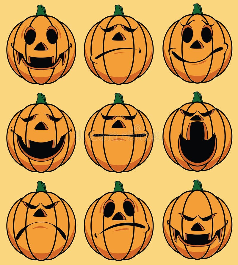 Set of 9 Smiley Pumpkin Faces Stock Vector - Illustration of funny ...