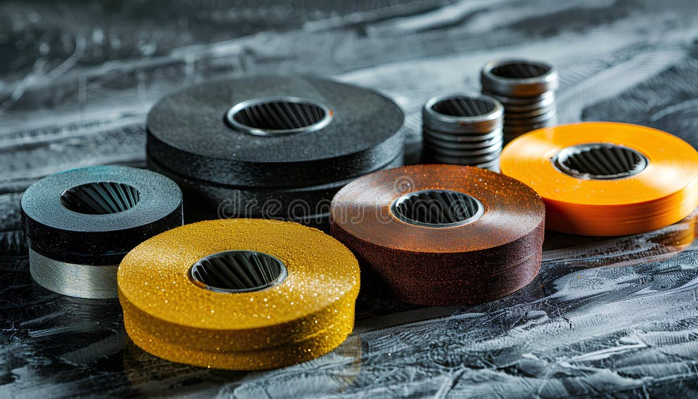 Set of Abrasive Tools and Grinding Discs on the Background of Sandpaper ...