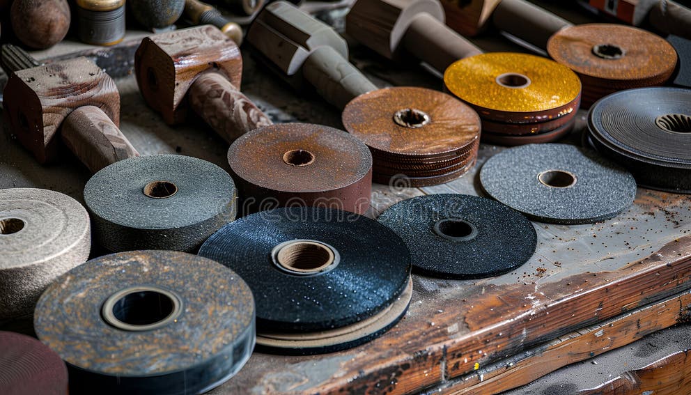 Set of Abrasive Tools and Grinding Discs on the Background of Sandpaper ...