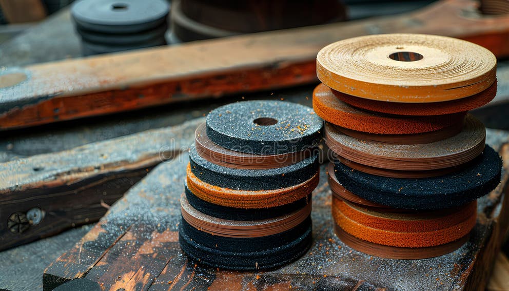 Set of Abrasive Tools and Grinding Discs on the Background of Sandpaper ...