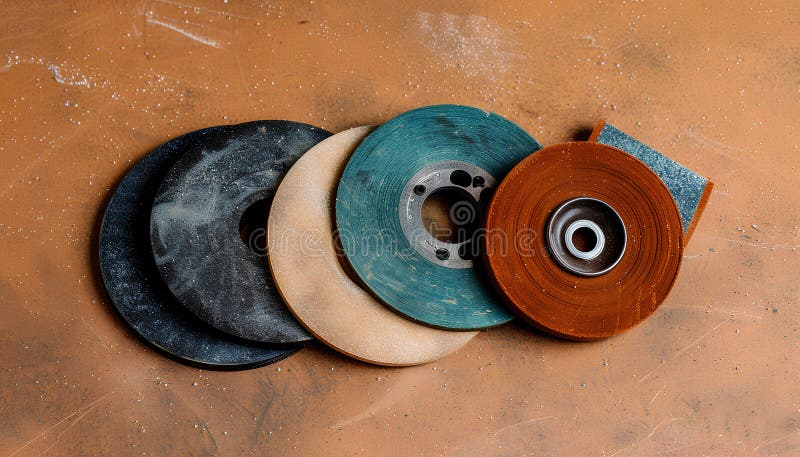 Set of Abrasive Tools and Grinding Discs on the Background of Sandpaper ...