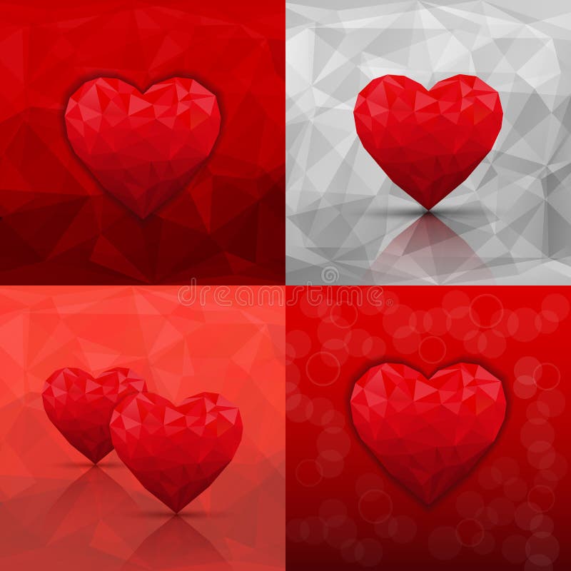 Set of Abstract Backgrounds with Hearts in Modern Triangle Style Stock ...