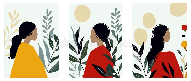 A Set of Abstract Illustrations Featuring Profiles of Women, Rendered ...