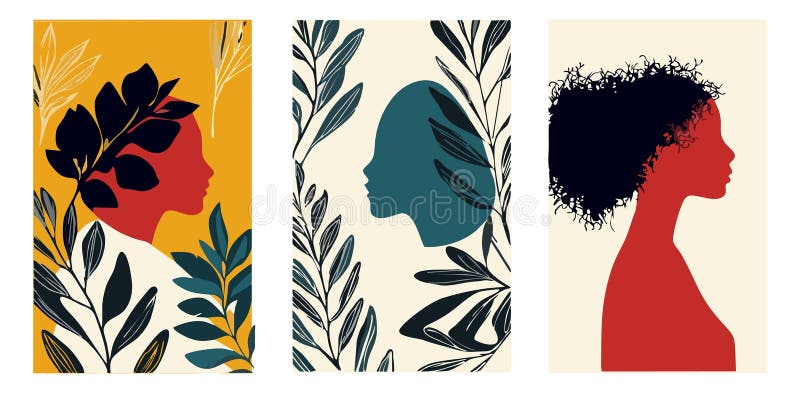 A Set of Abstract Illustrations Featuring Profiles of Women, Rendered ...