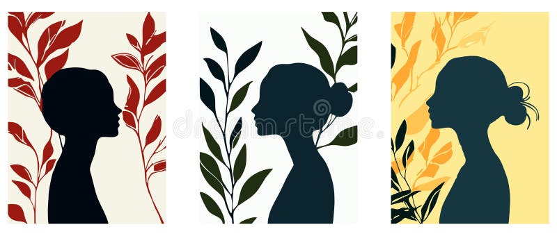 A Set of Abstract Illustrations Featuring Profiles of Women, Rendered ...
