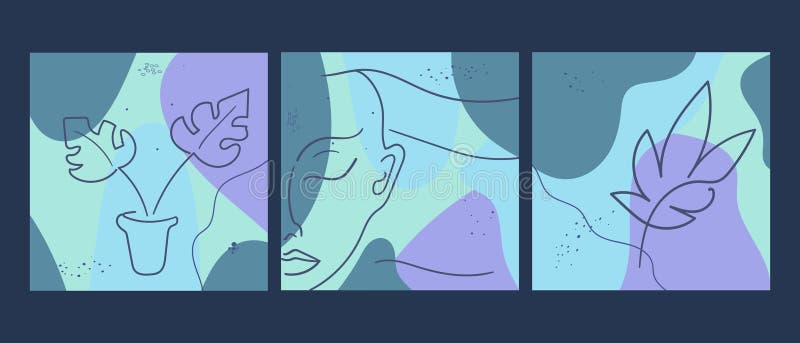 Set of Abstract Minimalistic Templates with Woman Face and Plants Stock ...