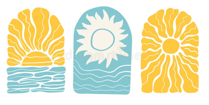 Set of Abstract Modern Sun and Seascape. Background with Bright ...