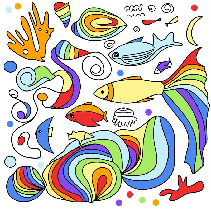 Set of Abstract Rainbow Underwater Fantasy Vector Elements with Fairy ...