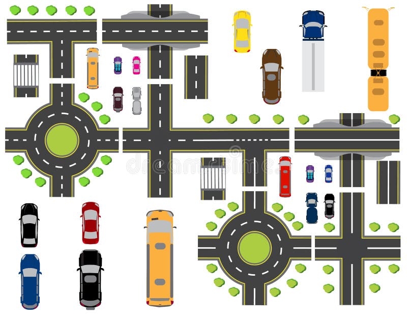 Set of Abstract Road Junction. Crossroads of Various Roads. Roundabout ...