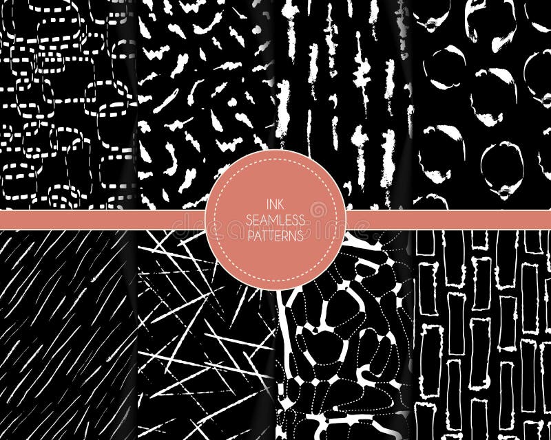 Set of Abstract Seamless Ink Patterns on Black Background Stock Vector ...