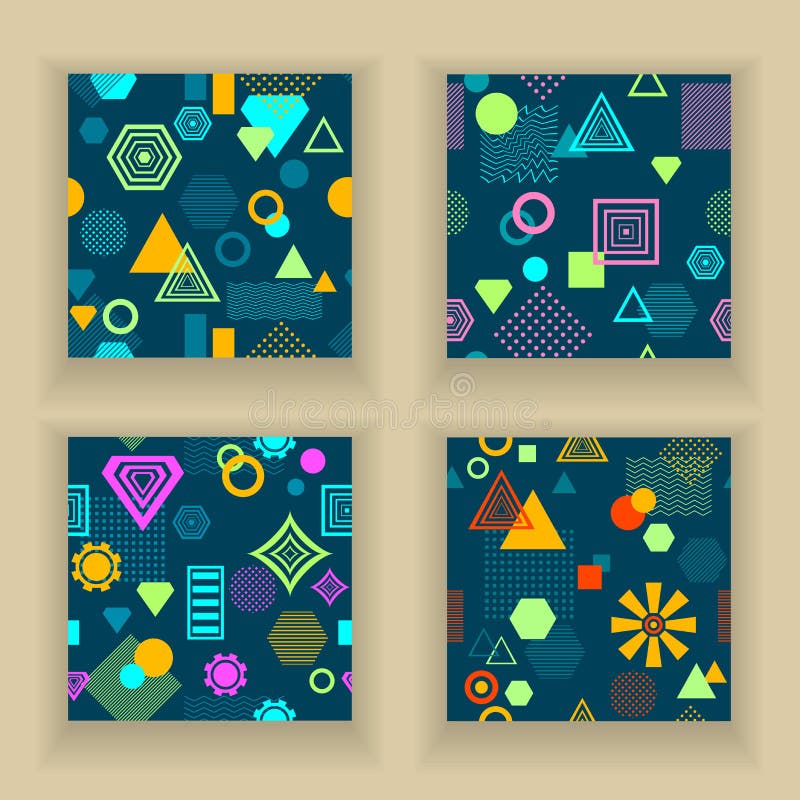 Set Abstract Seamless Pattern in Postmodern Memphis Style on Dark Blue ...