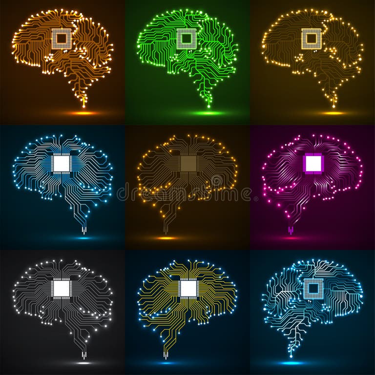 Set of Abstract Technological Glowing Brain. Cpu Stock Vector ...